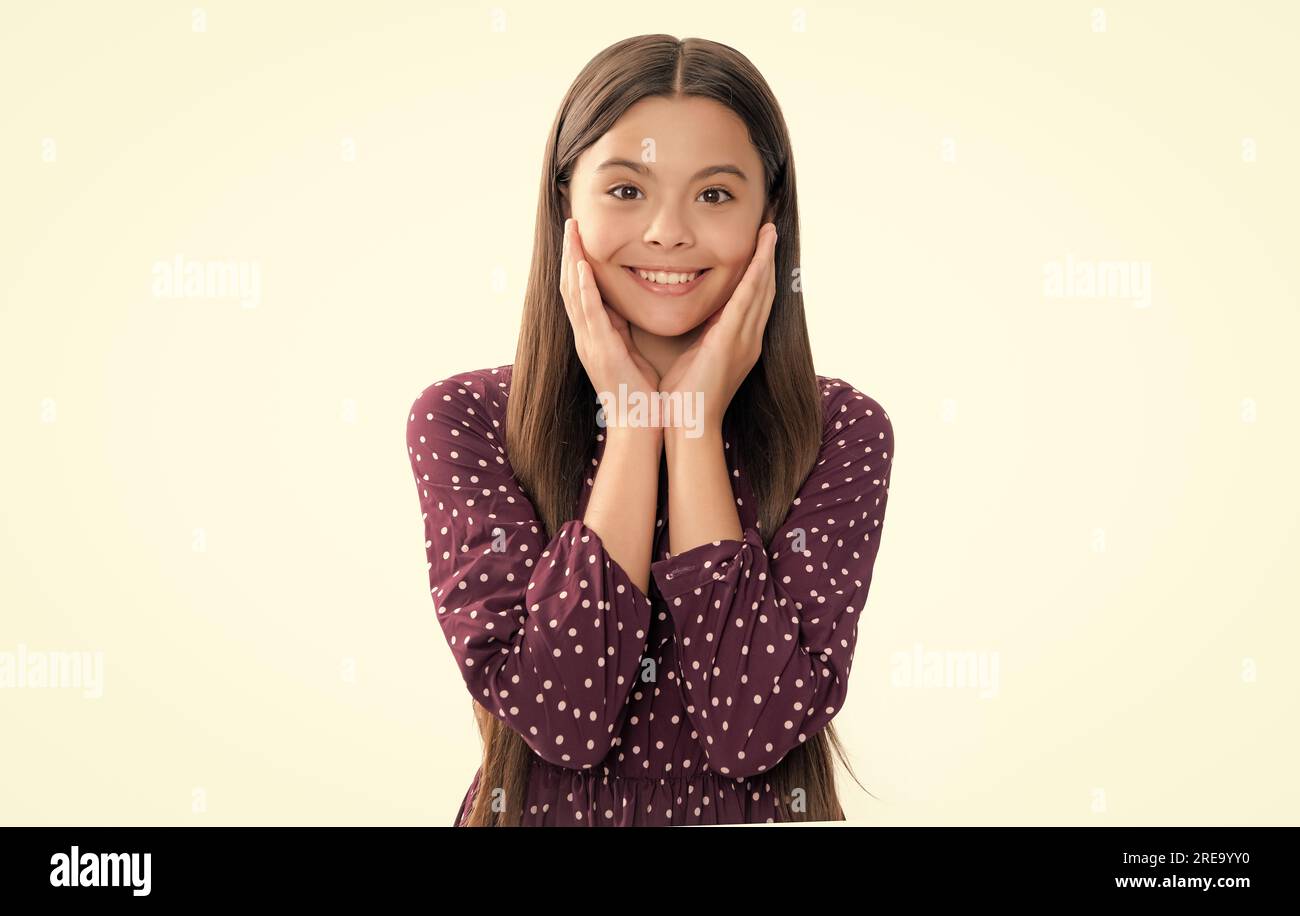 Portrait of happy smiling teenage child girl. Cute preteen girl head shot. Child portrait on ...