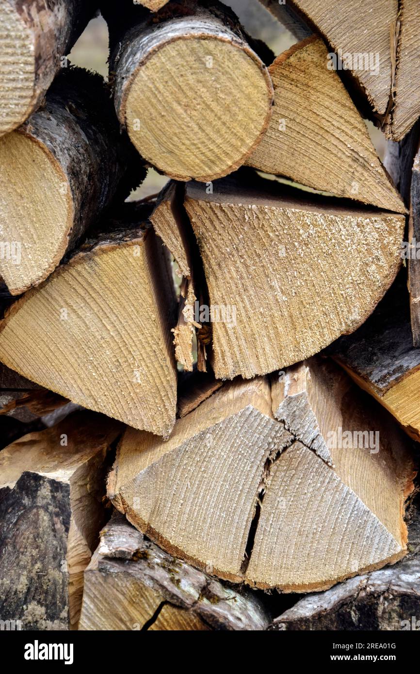 Chopped firewood is stacked in neat piles. Woodpile. Background. Close ...