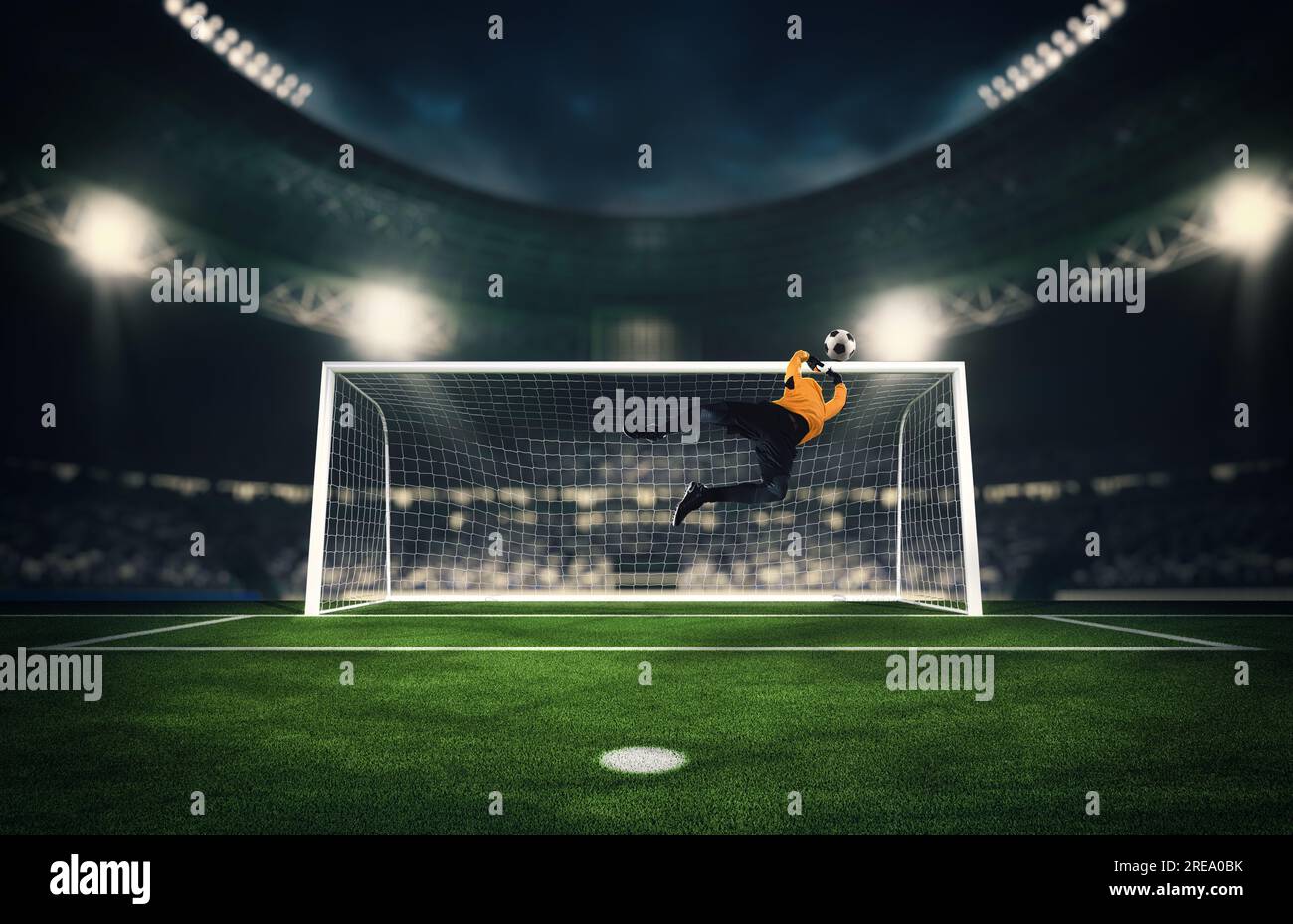 Soccer goalkeeper that makes a great save and avoids a goal during a ...