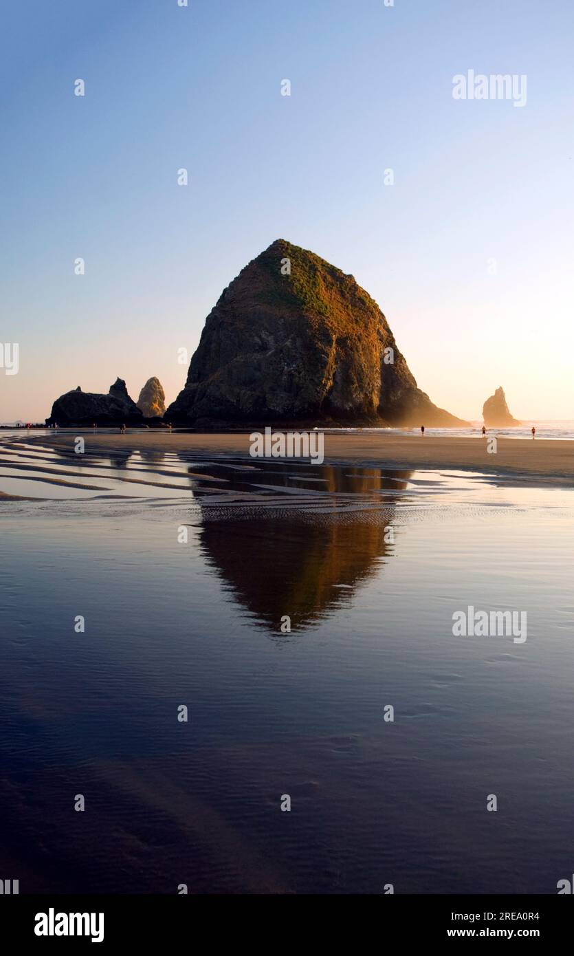 Haystack Rock with reflection in wet sand at Cannon Beach, Oregon, USA ...