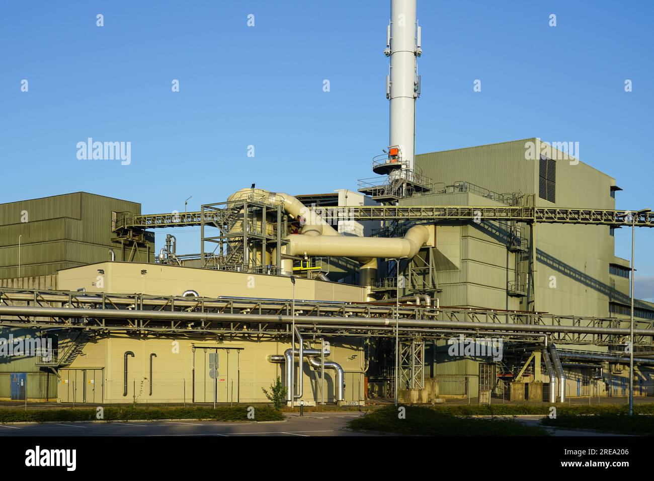 External view of equipment of large modern biomass co-generation power ...