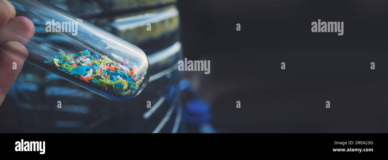 Macro shot of a test tube full of micro plastics collected from the ...