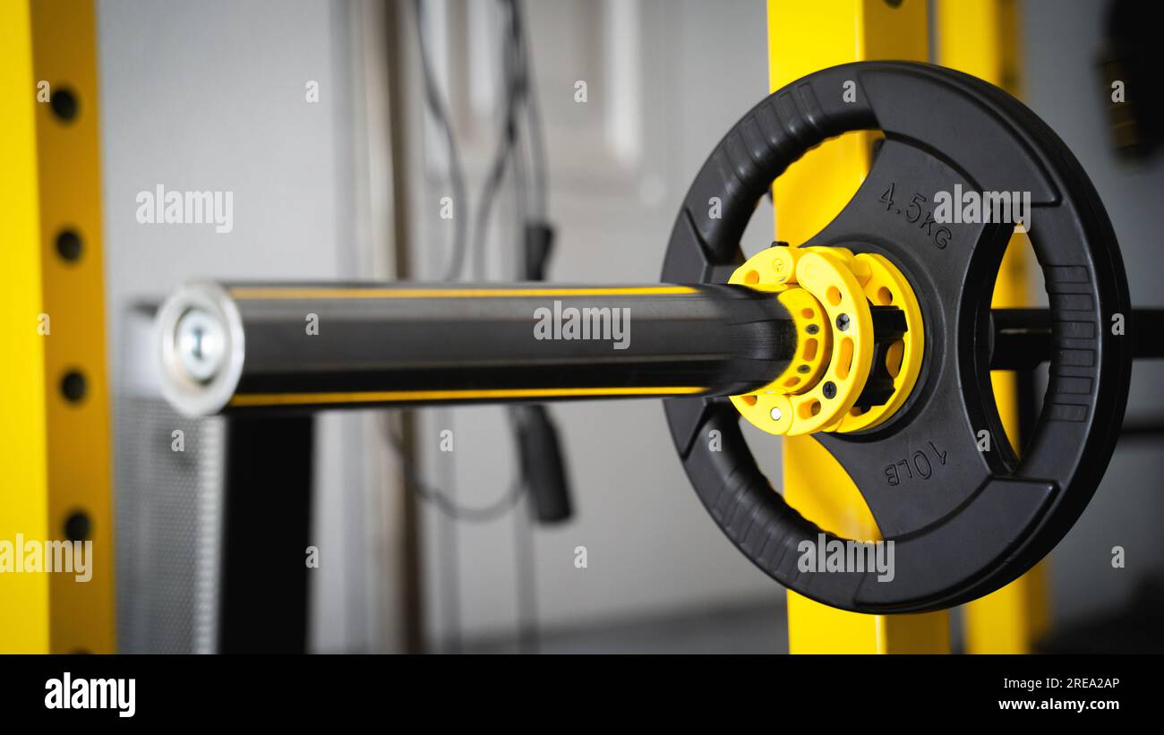 At home gym barbell with weight plate on it Stock Photo - Alamy
