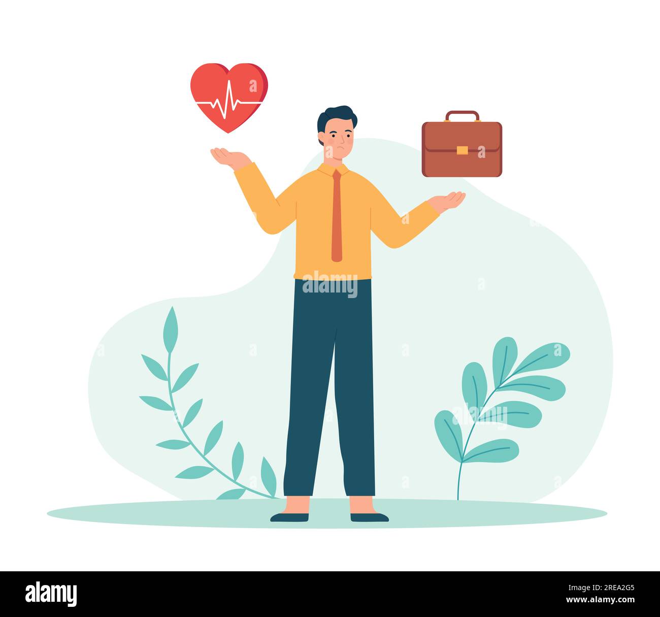 Work and health balance concept. Male character holding heart and ...