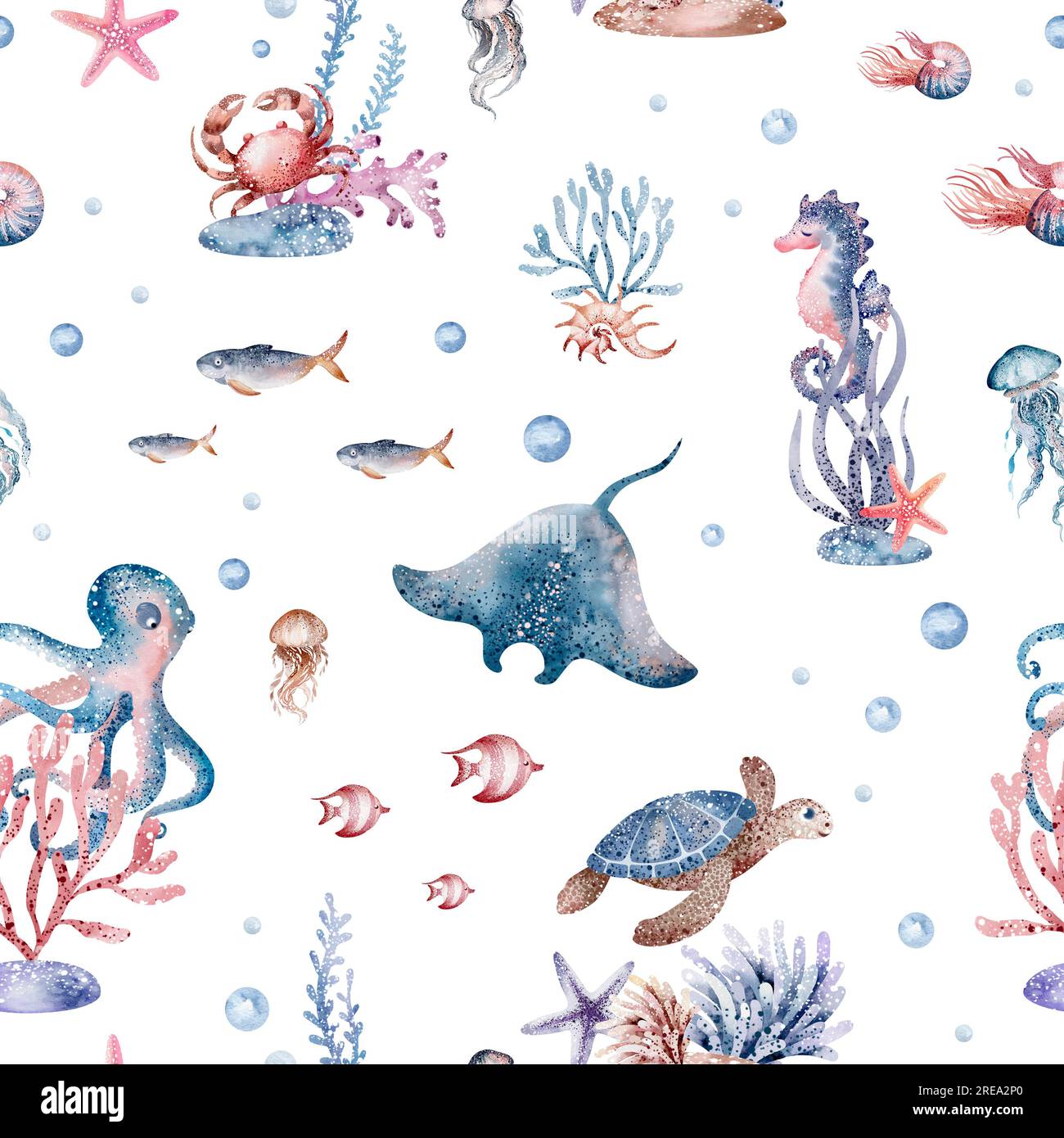 Marine seamless pattern marine animals, corals, plants, seashell ...