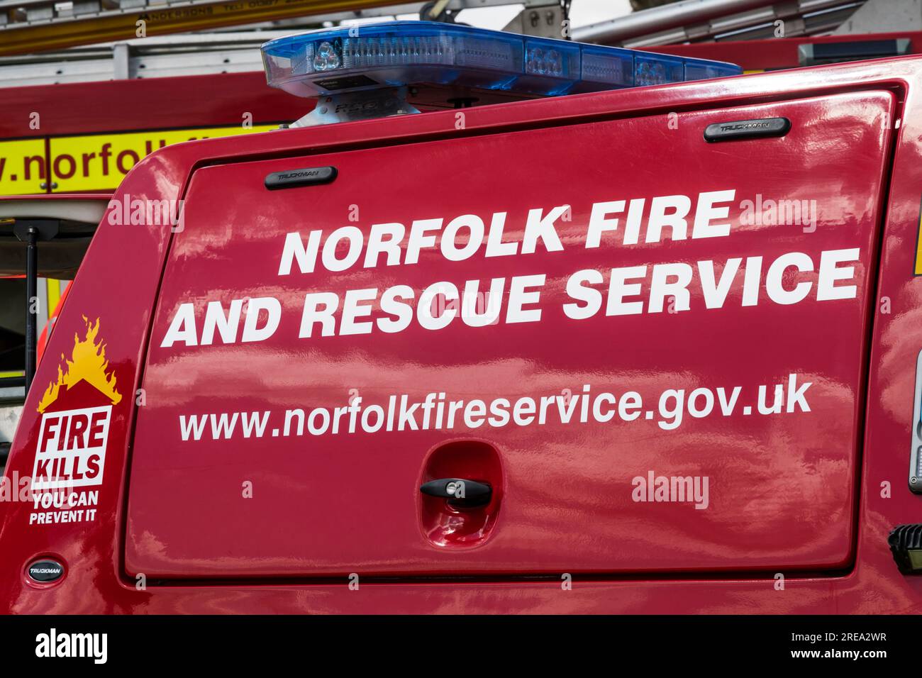 Sign for Norfolk Fire and Rescue Service on the side of a fire vehicle ...