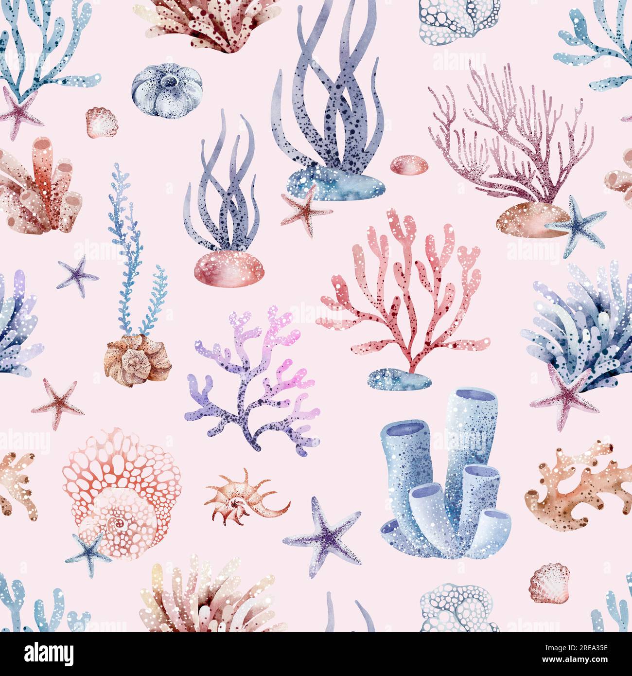 Marine seamless pattern marine animals, corals, plants, seashell ...