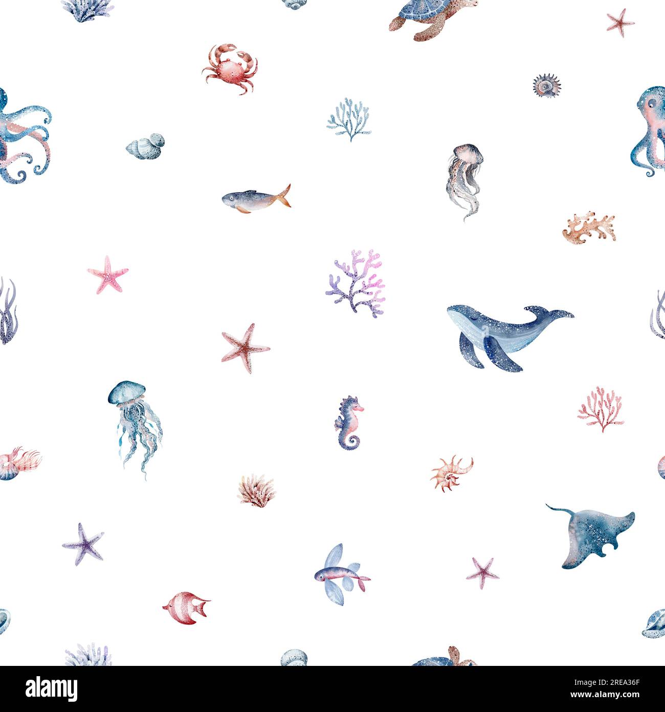 Marine seamless pattern marine animals, corals, plants, seashell ...