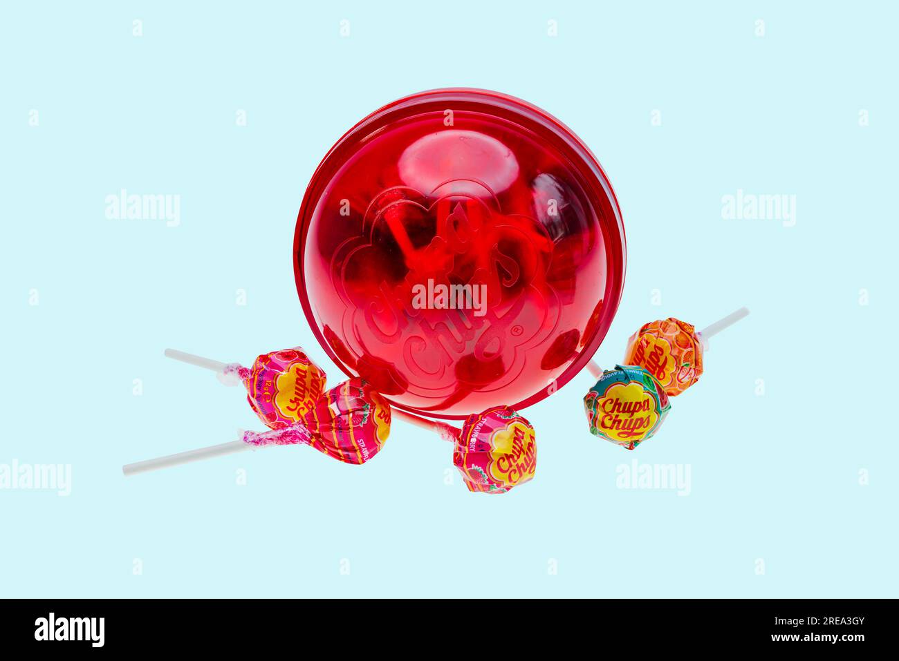Close-up view of chupa chups caramel on blue background isolated Stock ...