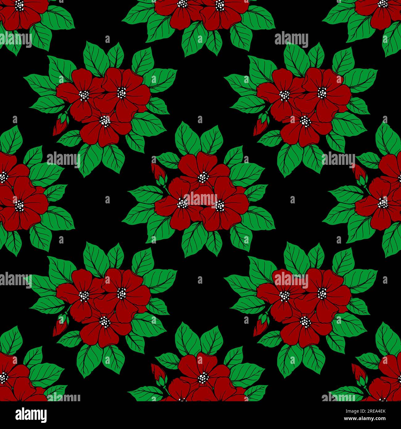 seamless pattern of large red flowers on a black background, texture ...