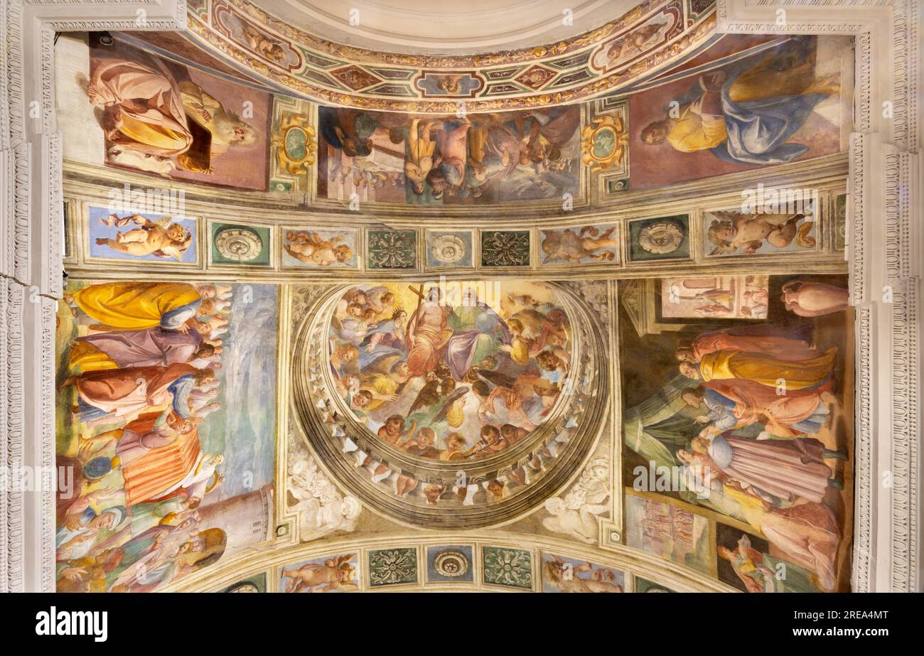 NAPLES, ITALY - APRIL 19, 2023: The ceiling fresco of Holy Trinity with ...