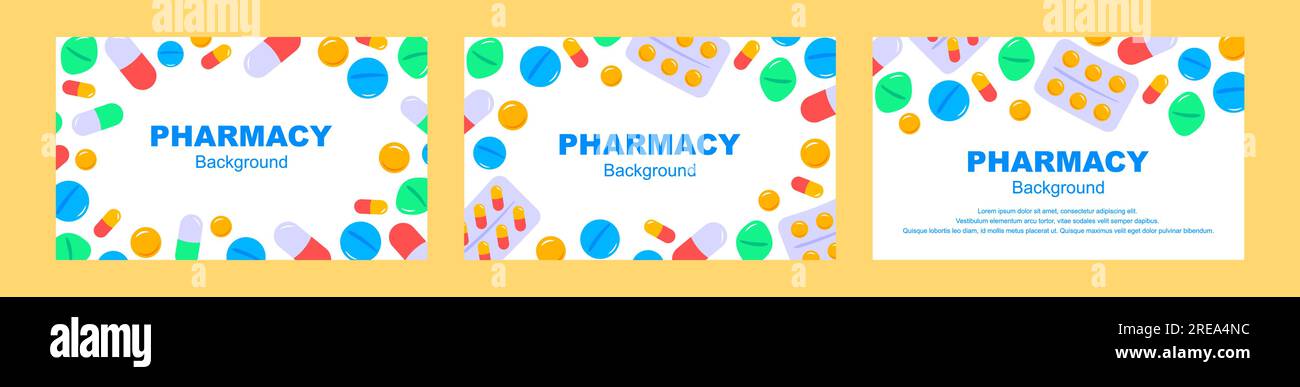 Set of pharmacy backgrounds. Pills and drugs design. Medicine flat ...