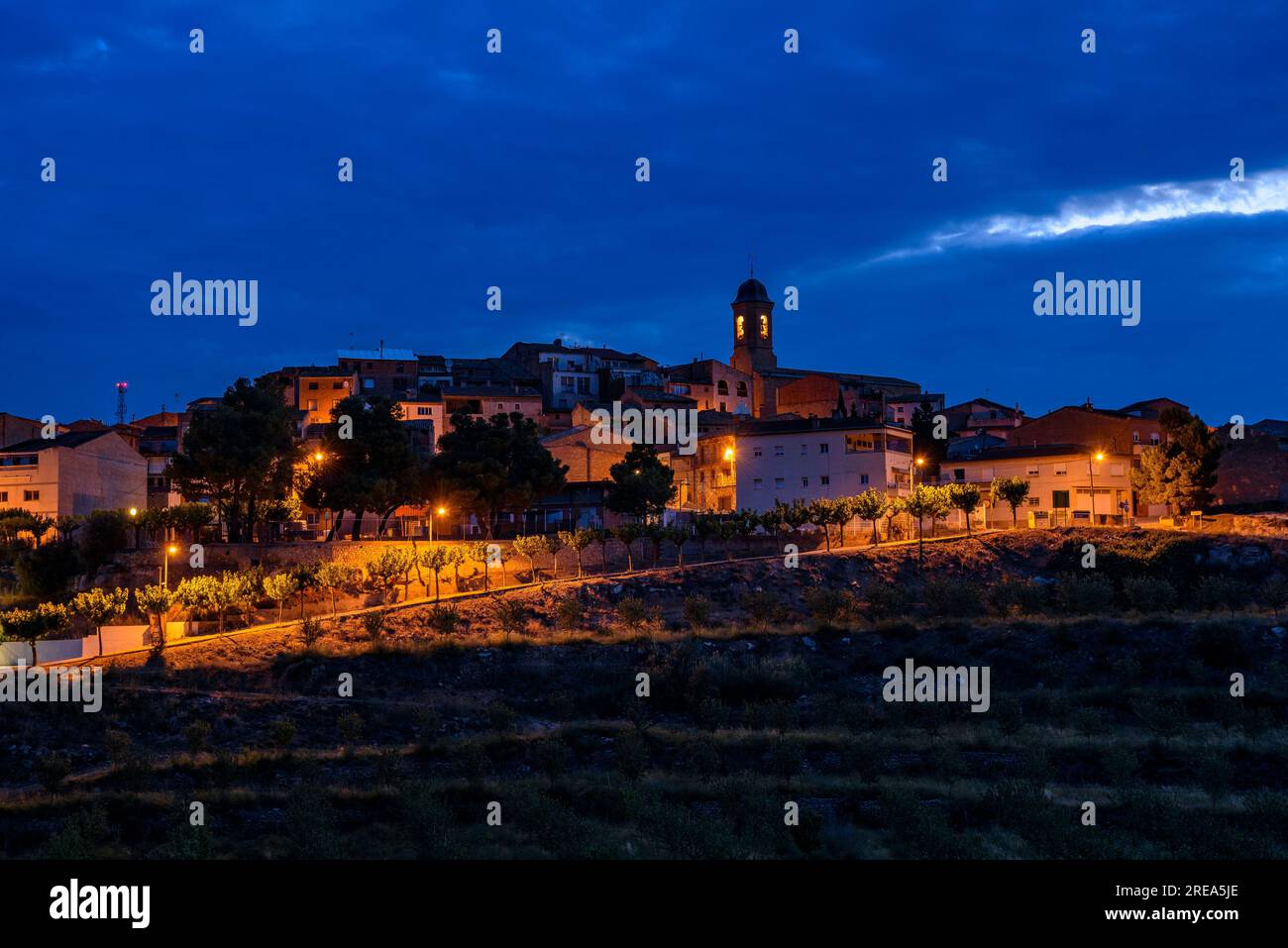 Blue hour and night over the village of Bovera (Les Garrigues, Lleida ...