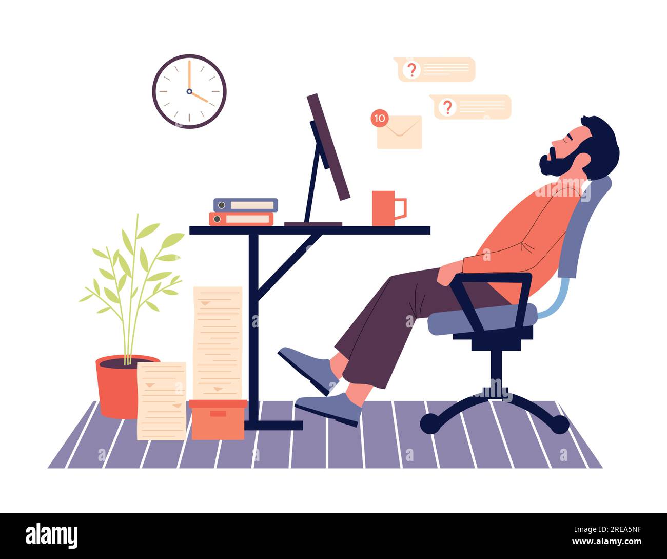 Procrastination concept. Male employee sitting at workplace and resting ...