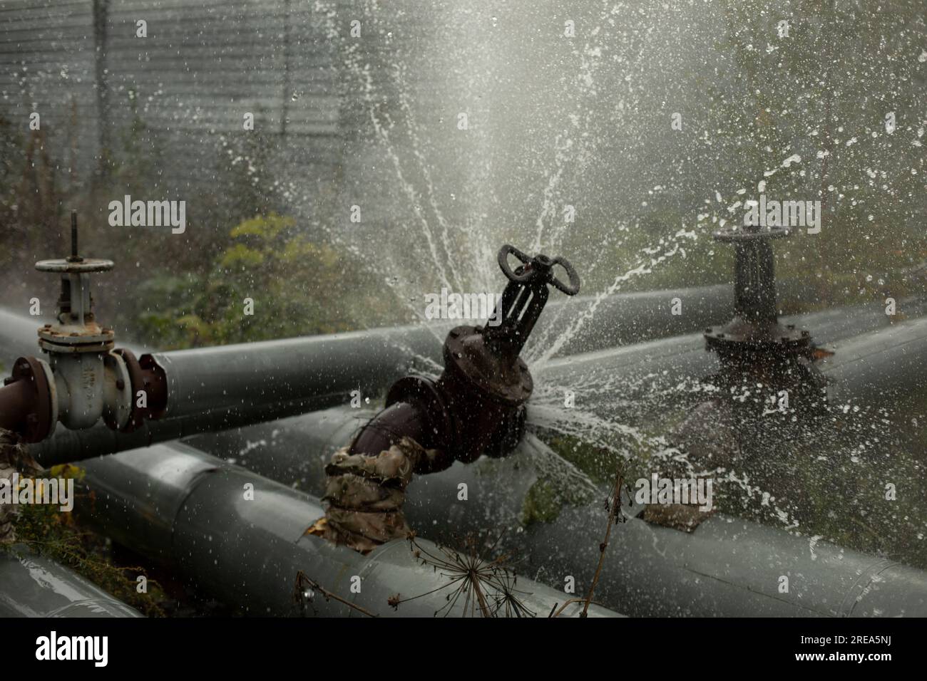 Pipe accident. Water breakthrough. Hot water flow. Damage to pipeline ...