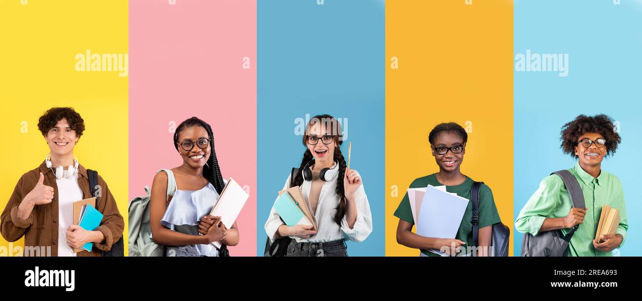Happy multiethnic teenagers posing on colorful backgrounds, collage ...