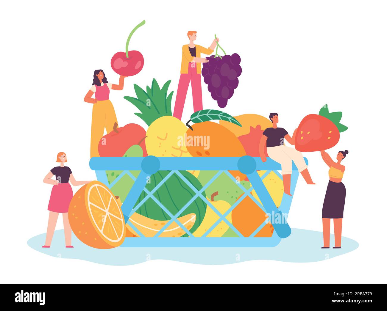 Tiny people with fruits and berries. Basket full of organic food as ...