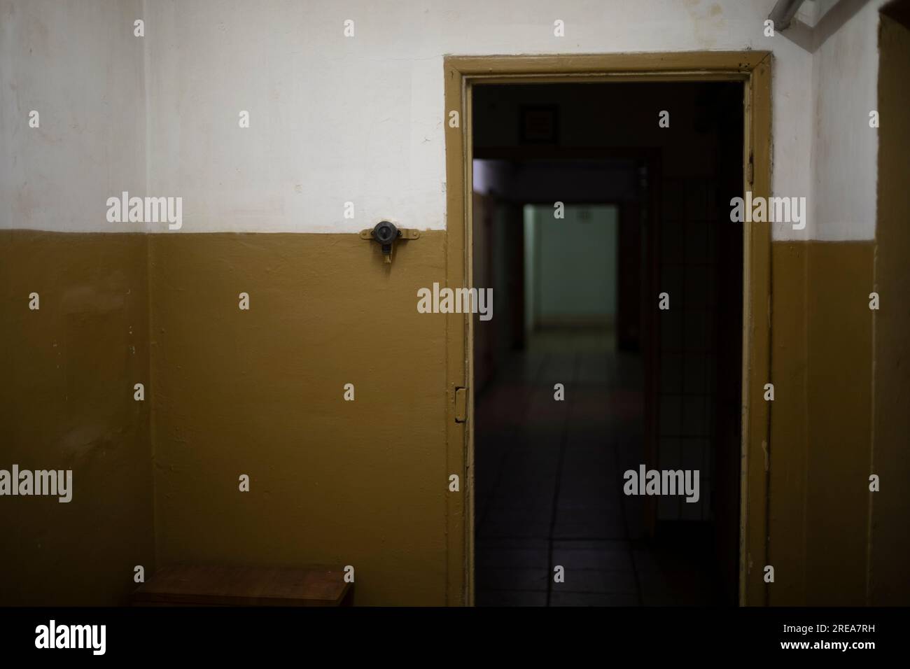 Entrance to premises. Doorway. Empty corridor. Old premises. Inside ...