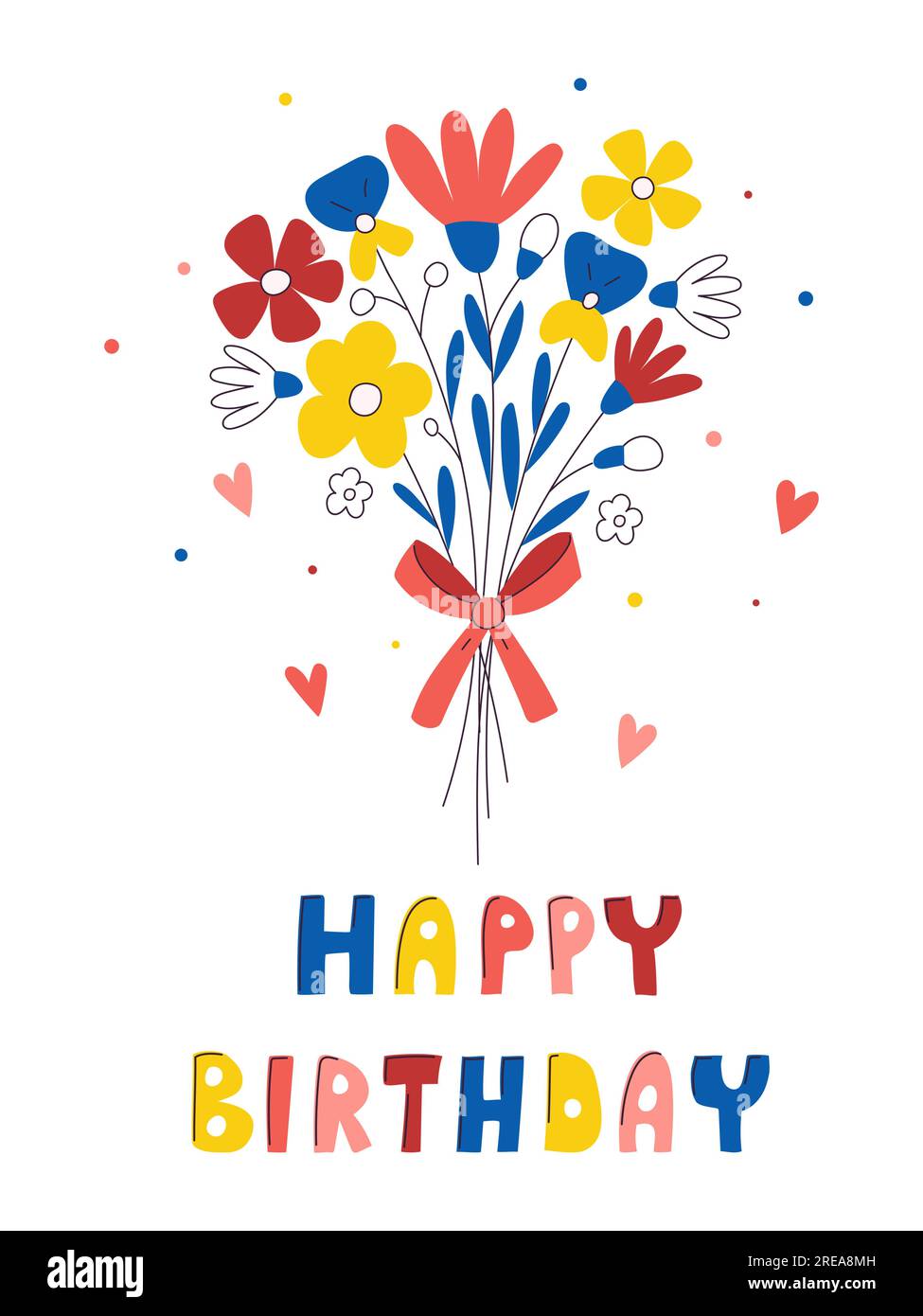 A birthday card with a bouquet, abstract flowers and hand-drawn ...