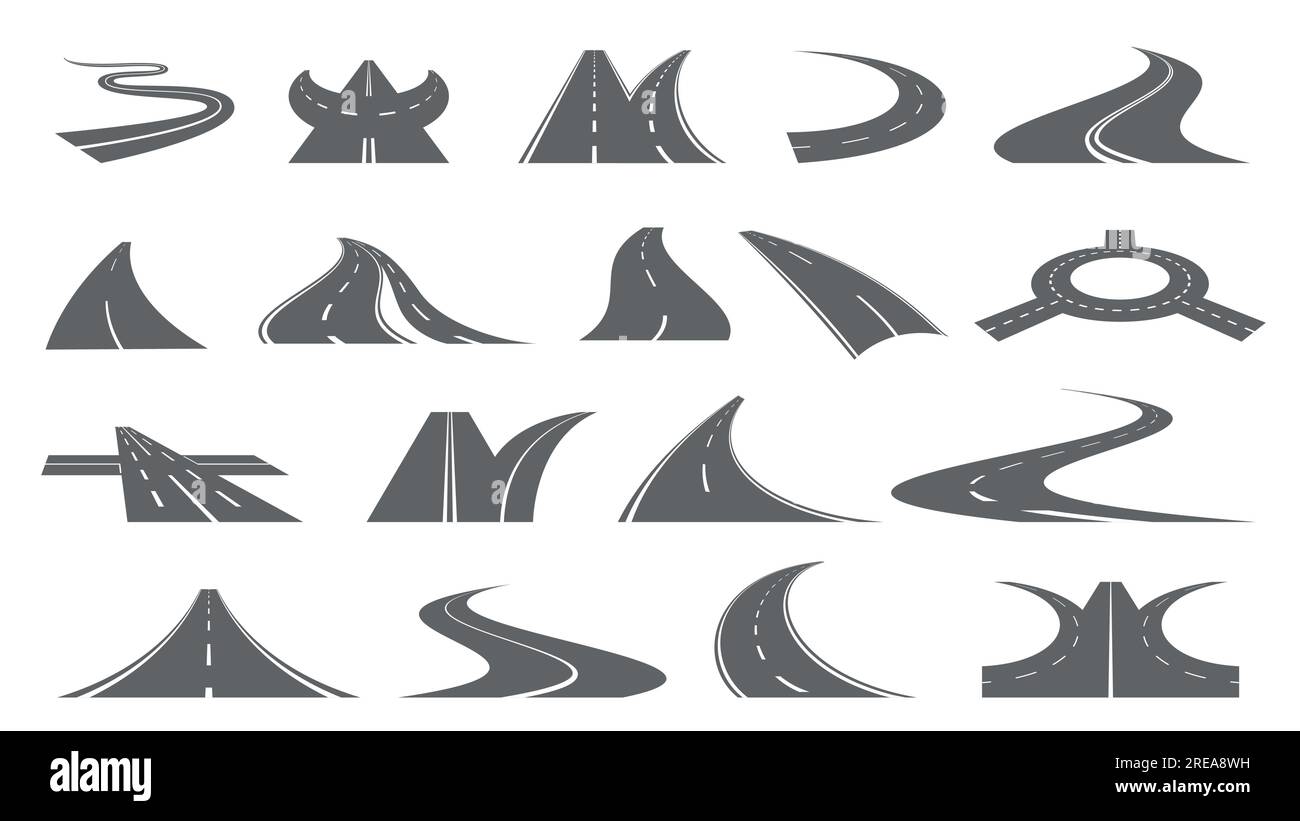 Road perspective symbols. Curved and straight roadway direction signs ...