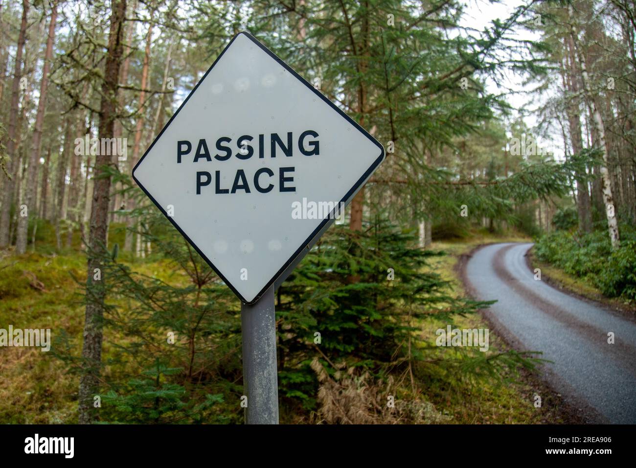 White passing place traffic sign on a narrow single track road in the ...