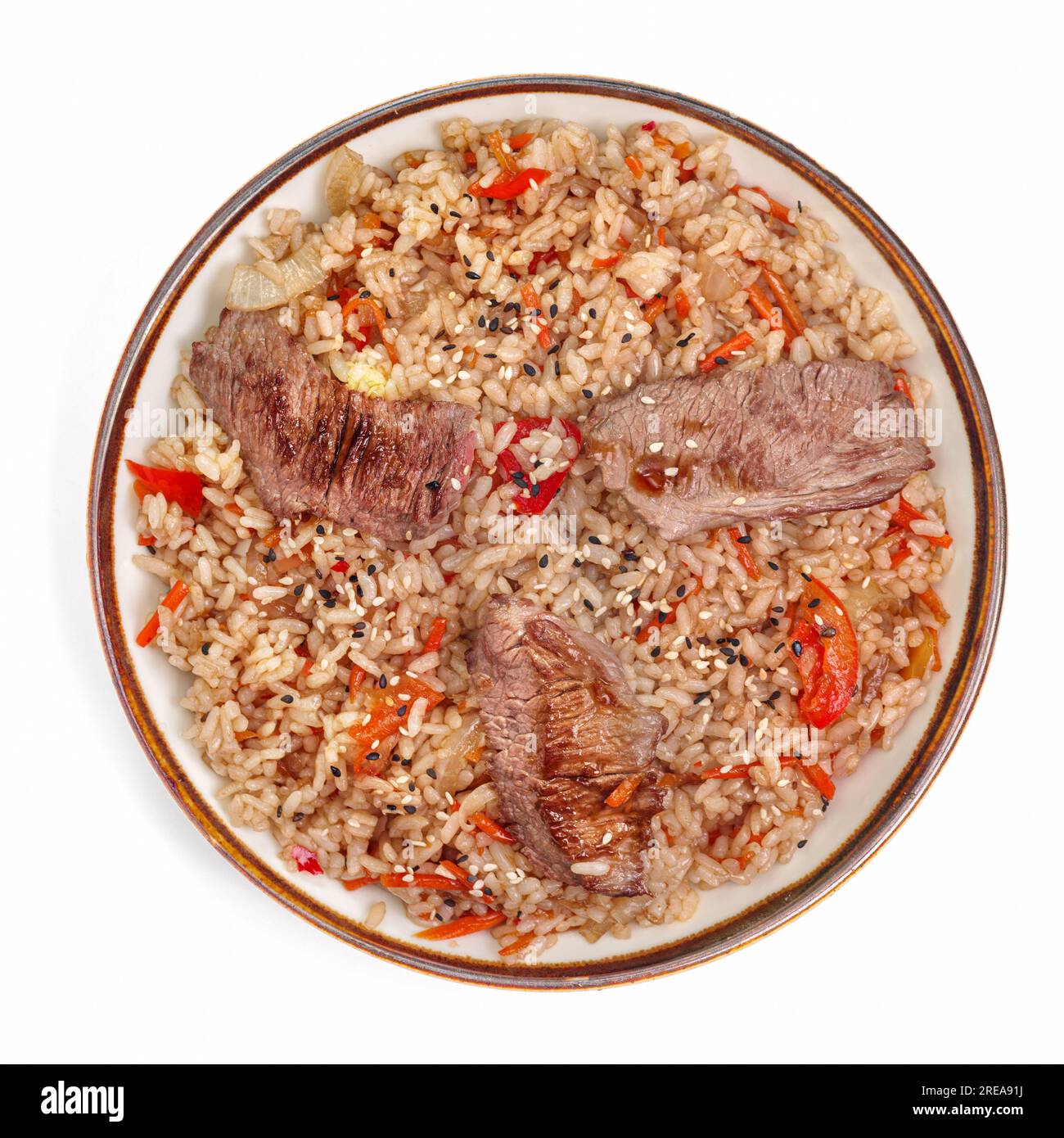 Asian dishe culinary Still Life. Thai rice with beef and vegetable ...