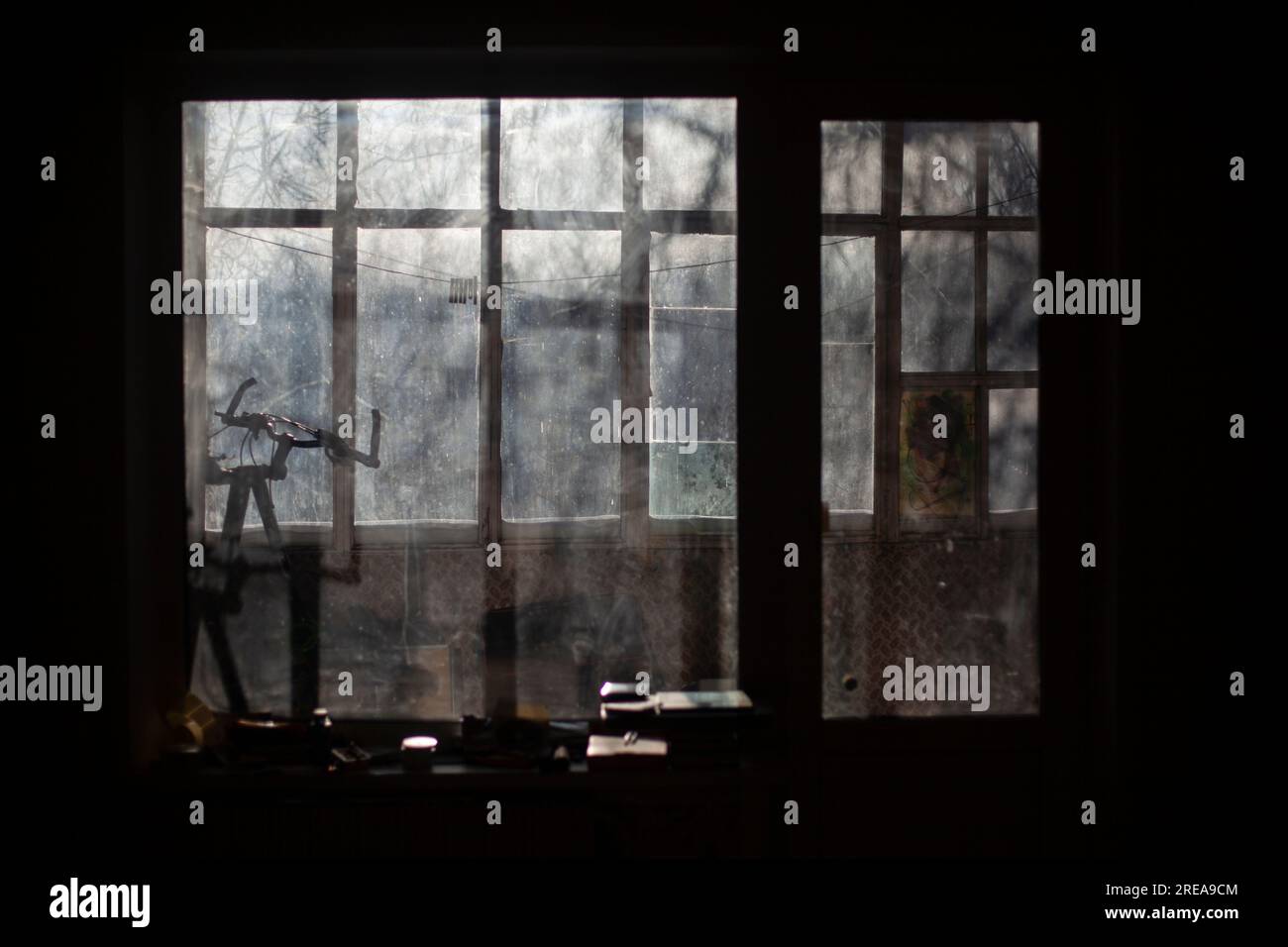 Window in morning. Interior details. View of window in dark. Morning ...