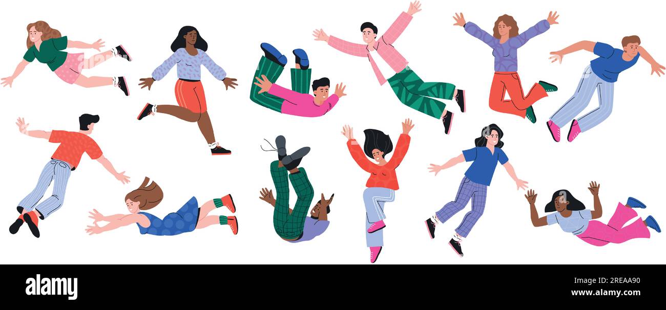 Flying people. Cartoon characters fly in sky and enjoy new sensation of ...