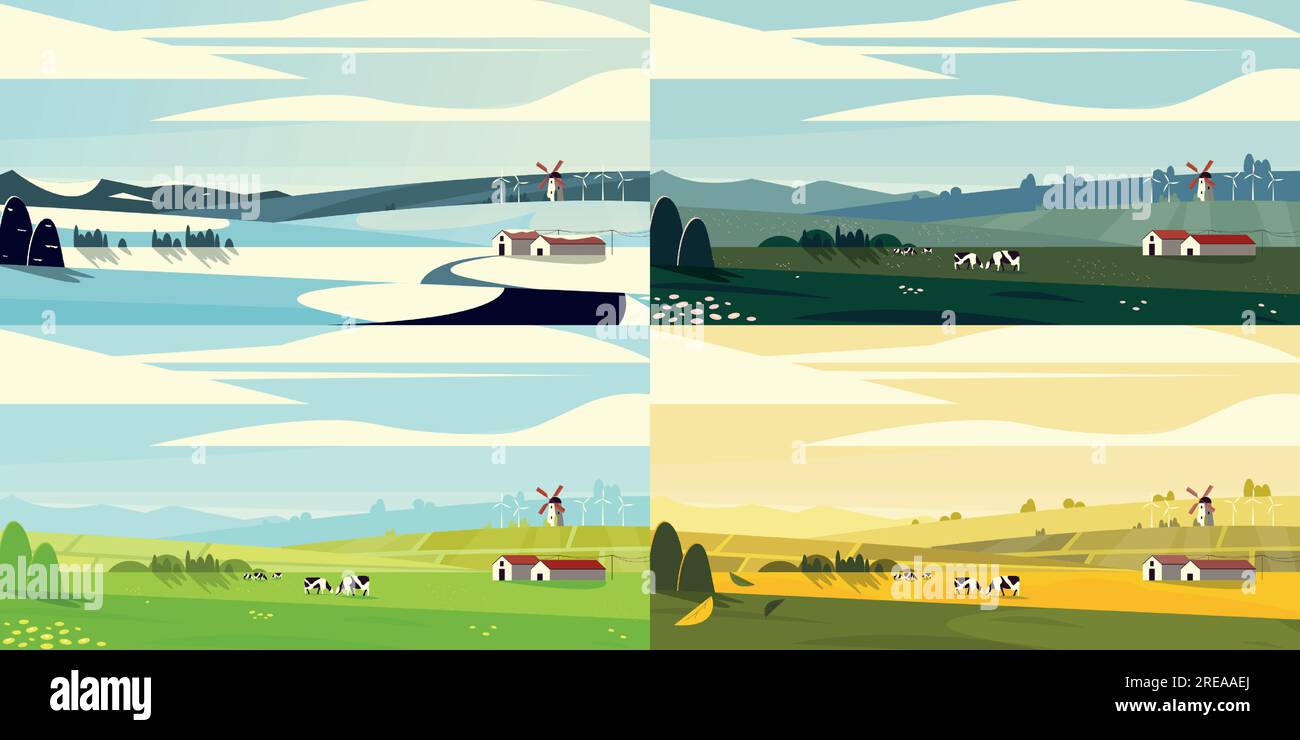 Seasonal landscape. Summer spring fall winter park with trees, flowers ...