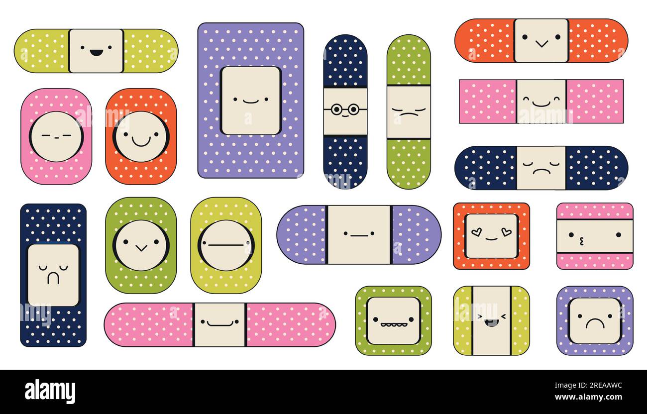 Medical plaster character. Cute cartoon kids bandage and tape with ...