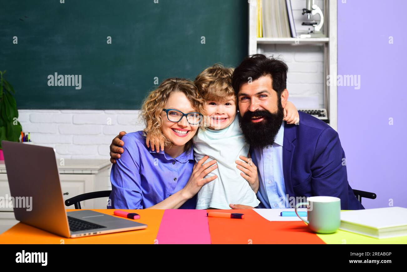 Back to school. Mother father and son together schooling. Educational ...