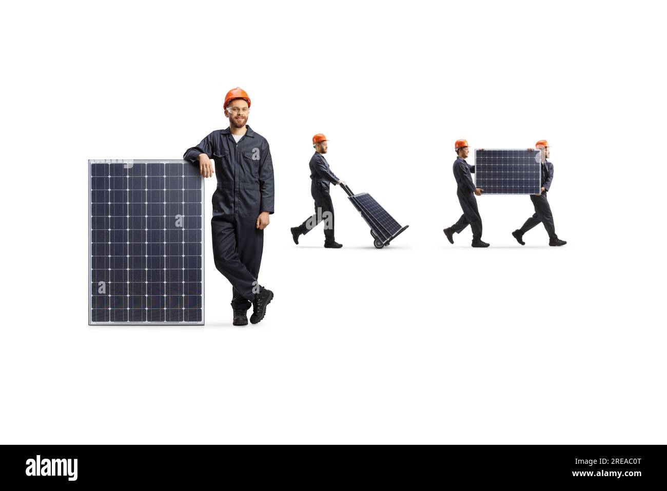 Workers in suits transporting solar panels with a hand truck isolated ...
