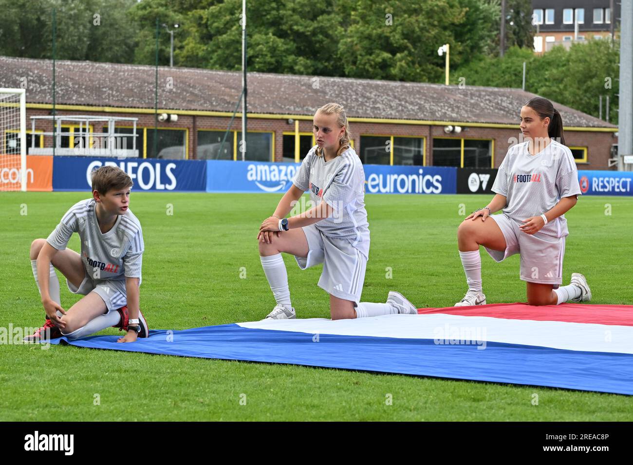 Tubize, Belgium. 24th July, 2023. young volunteers pictured during a female soccer game between ...