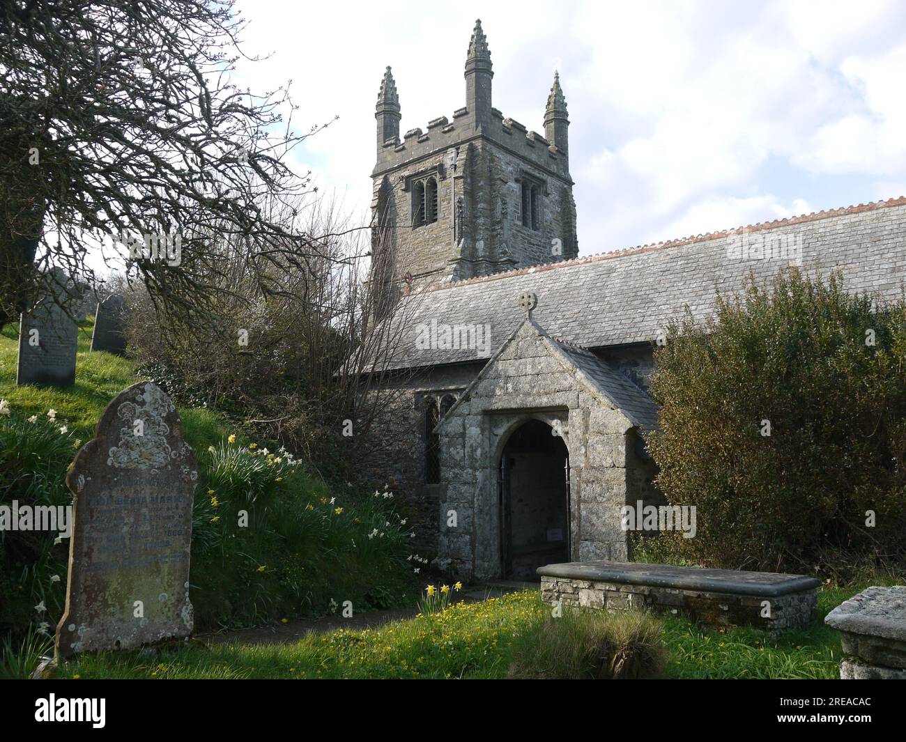 St Gennys, Cornwall, UK - March 2022: Porch and tower of St Gennys ...