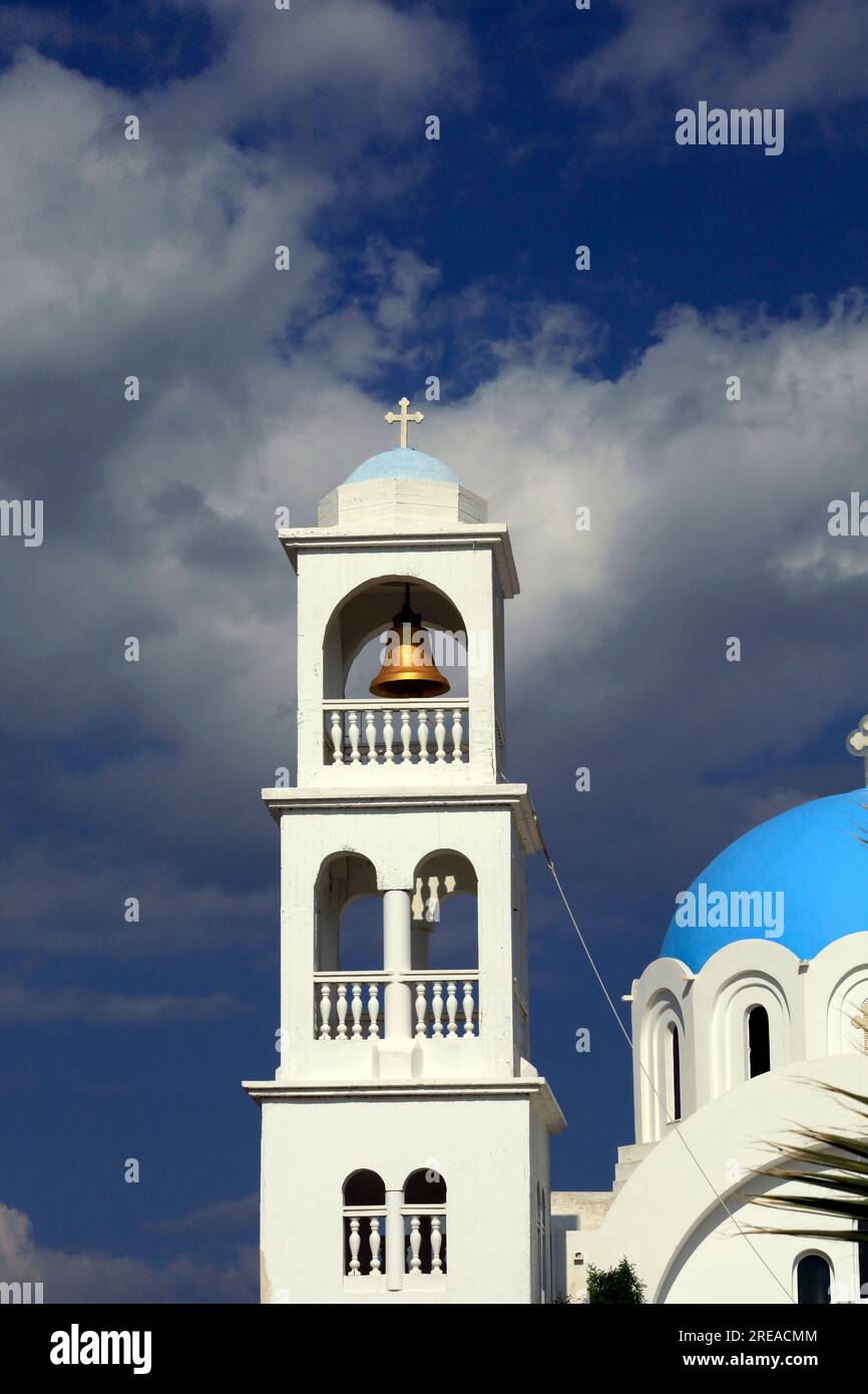Church of Agioi Anargyroi and bell tower, Skala, Agistri Island, near Athens. Saronic island ...