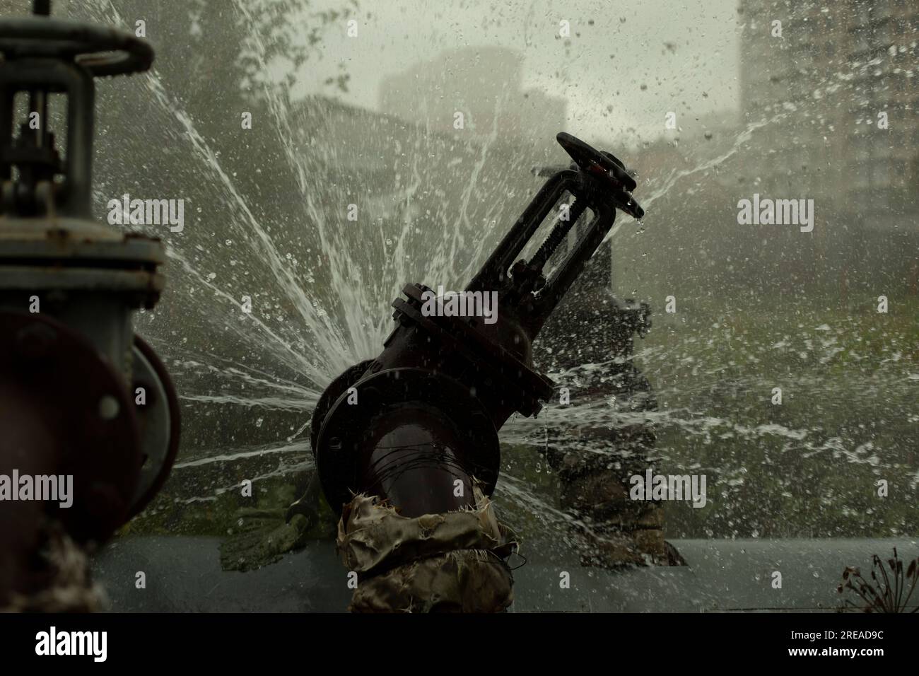 Burst pipe. Boiler station accident. Hot water flow. Pipeline rupture ...