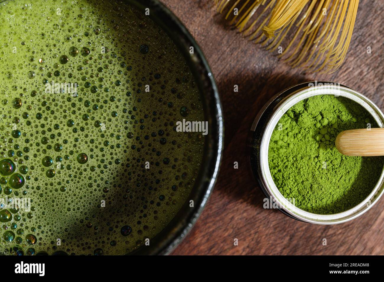 Matcha green tea in a bowl. View from above. Close-up Stock Photo - Alamy
