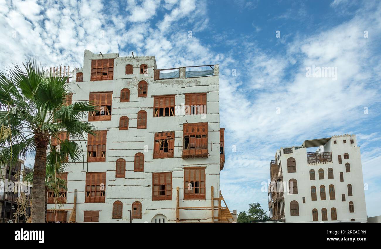 Al-Balad old town with traditional muslim houses with wooden windows ...