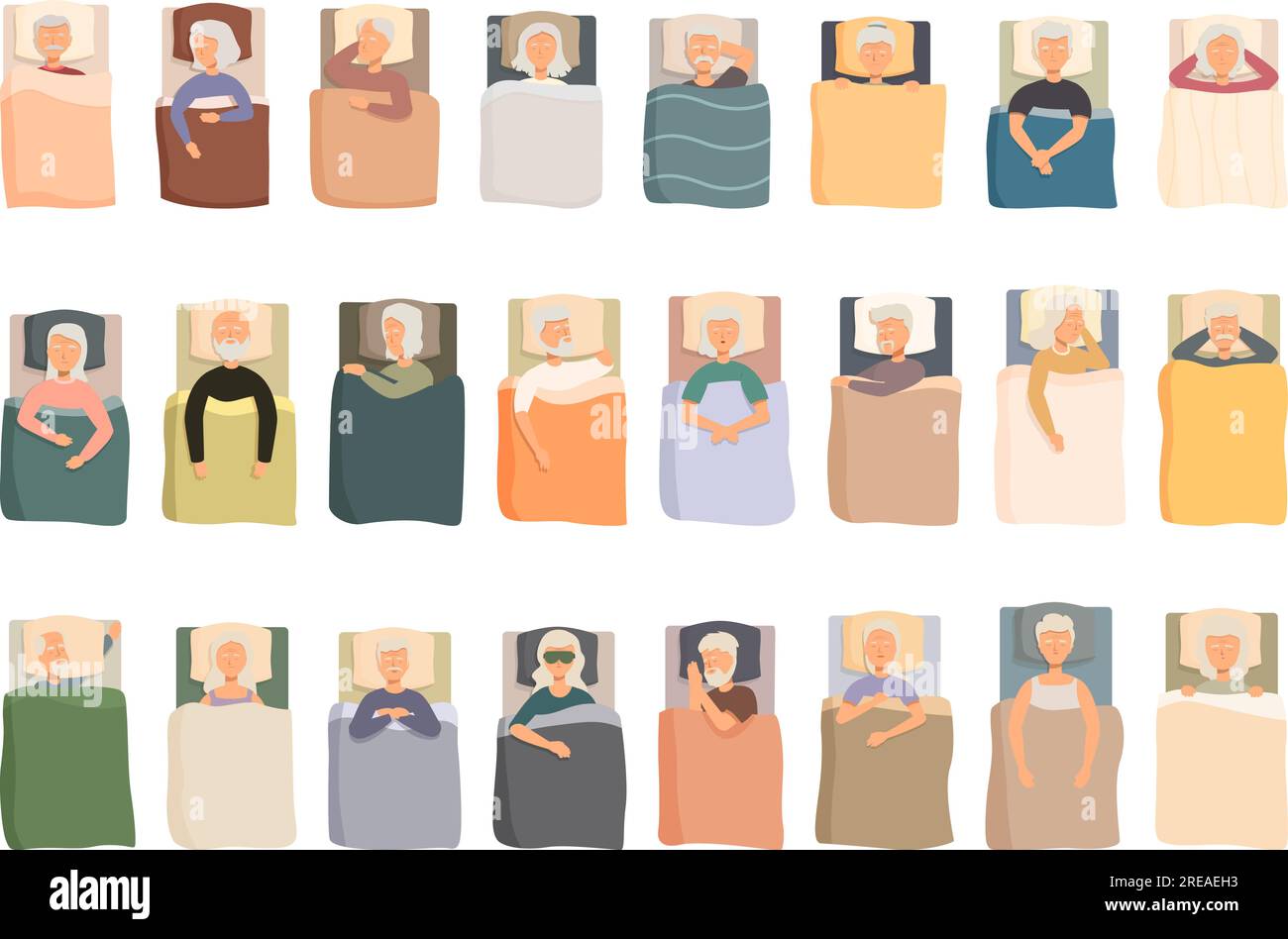 The elderly are sleeping icons set cartoon vector. Old people. Bed ...