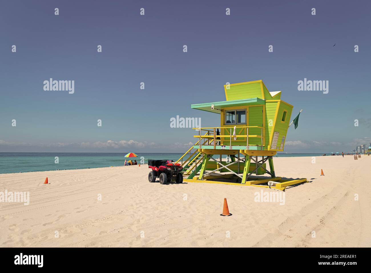 green lifeguard at miami beach in summer with copy space. lifeguard at ...