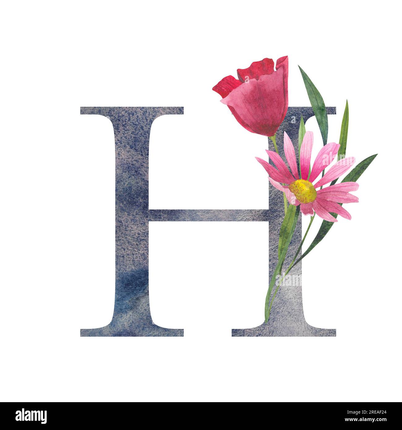 Letter H with watercolor wildflowers. Floral alphabet, set isolated ...