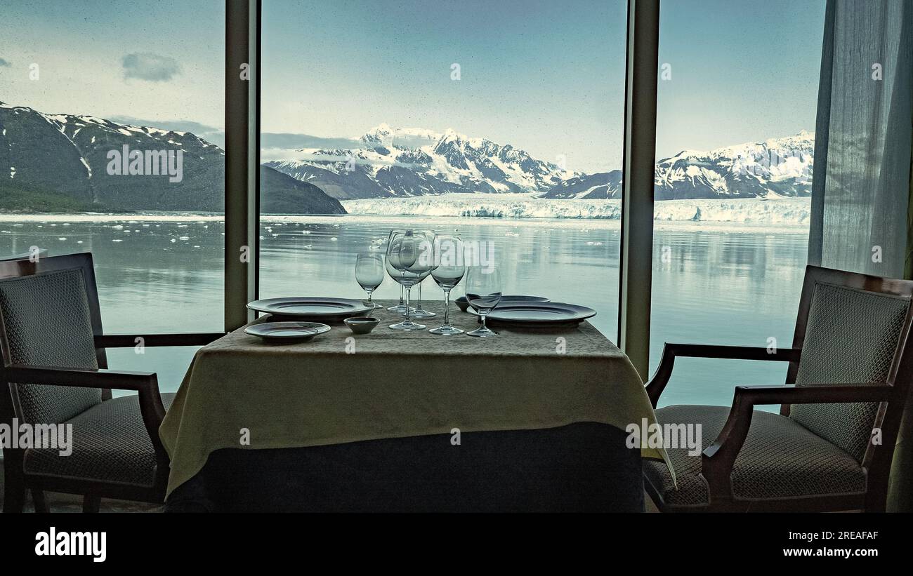 Empty restaurant cafe seats interior with panoramic windows at glacier ...