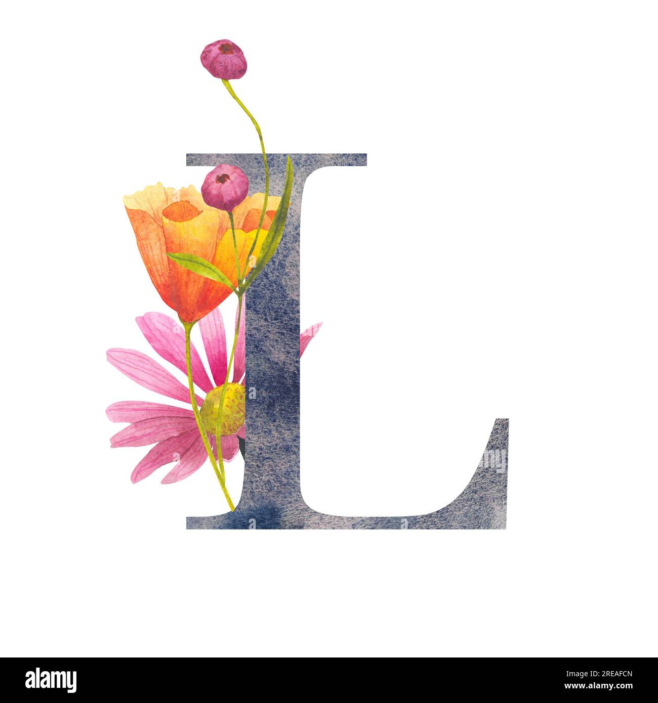 Letter L with watercolor wildflowers. Floral alphabet, set isolated ...
