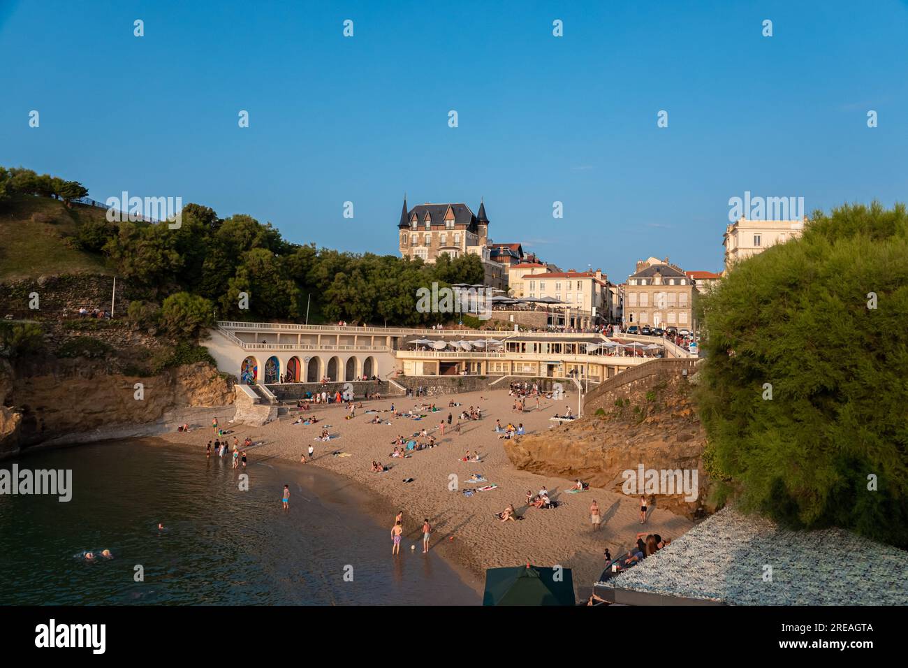 Biarritz beach "Plage du Port Vieux" full of people bathing and ...