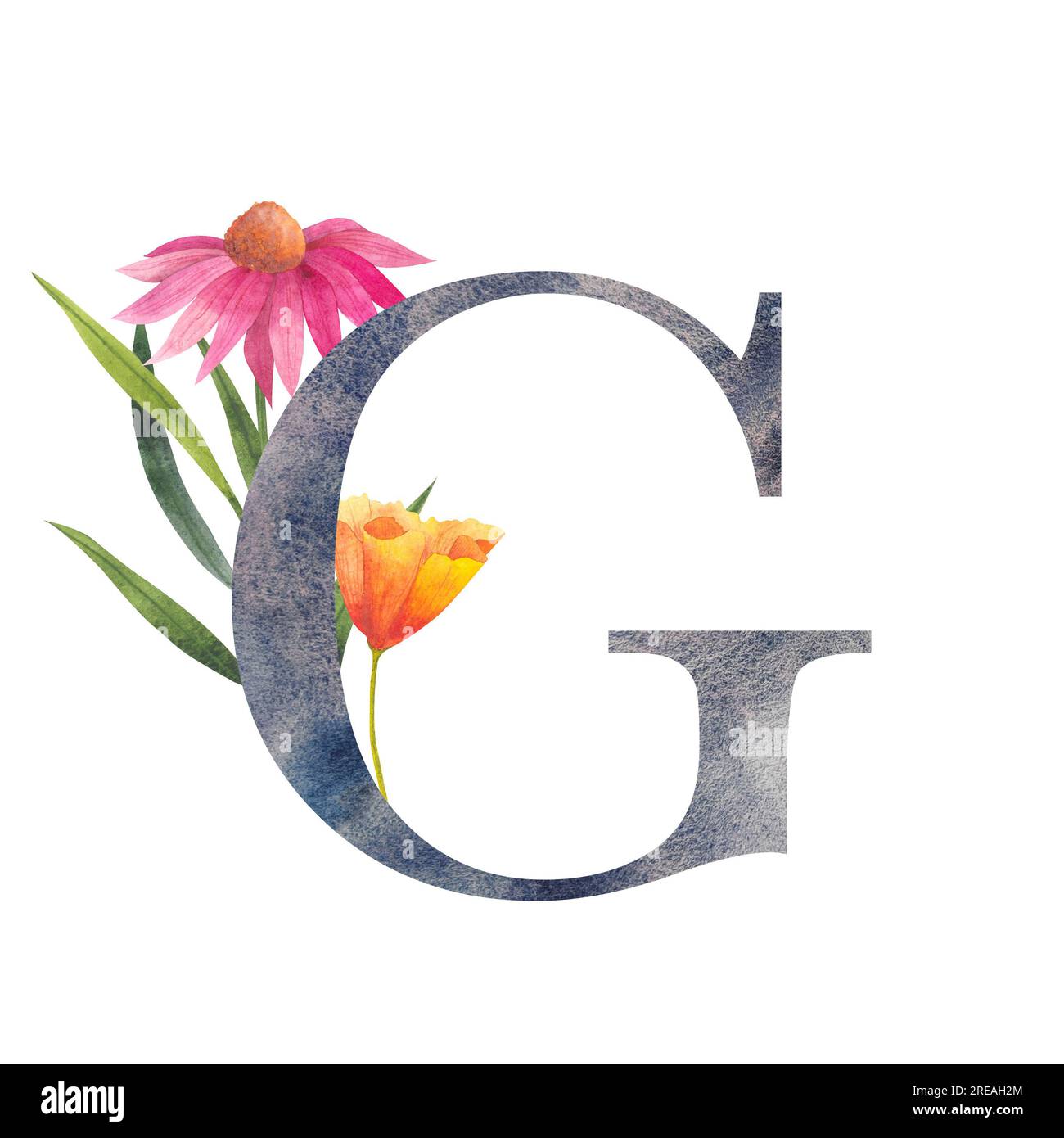 Letter G with watercolor wildflowers. Floral alphabet, set isolated ...