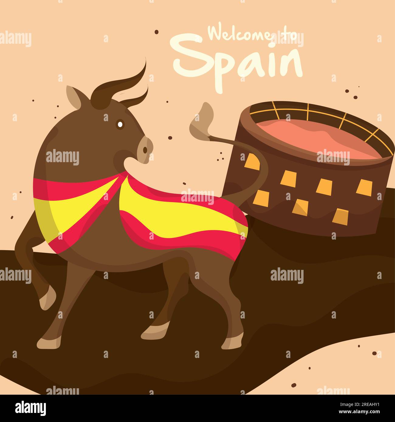 Cute bull with spanish flags next to a bullring Spain culture template ...