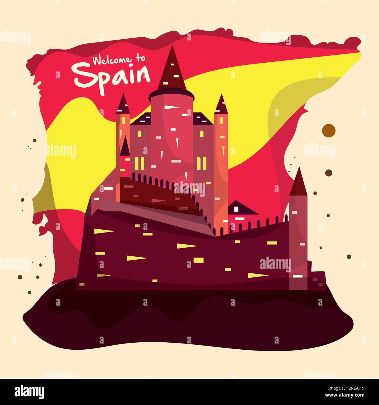 Isolated traditional hispanic castle with flag Spain culture template ...