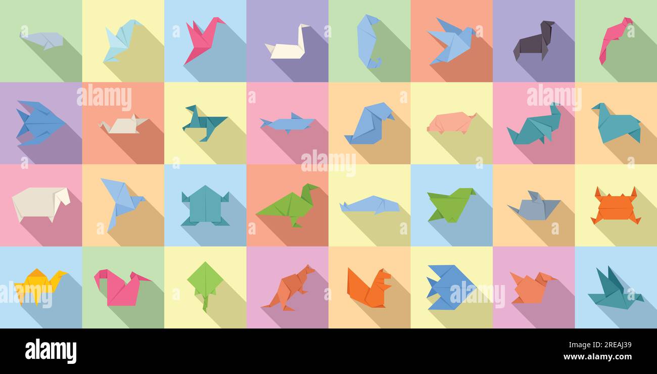 Origami animals icons set flat vector. Fish paper. Fox low poly Stock ...