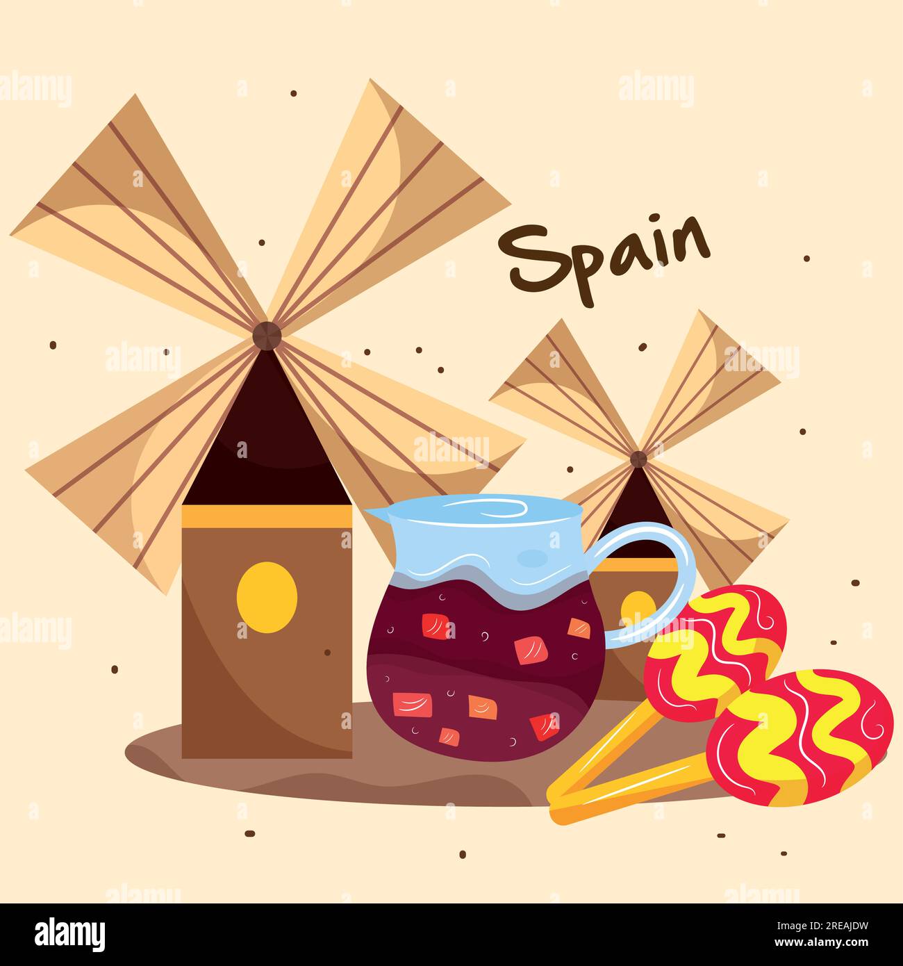 Windmills with a pair of maracas and cold tea Spain culture template ...