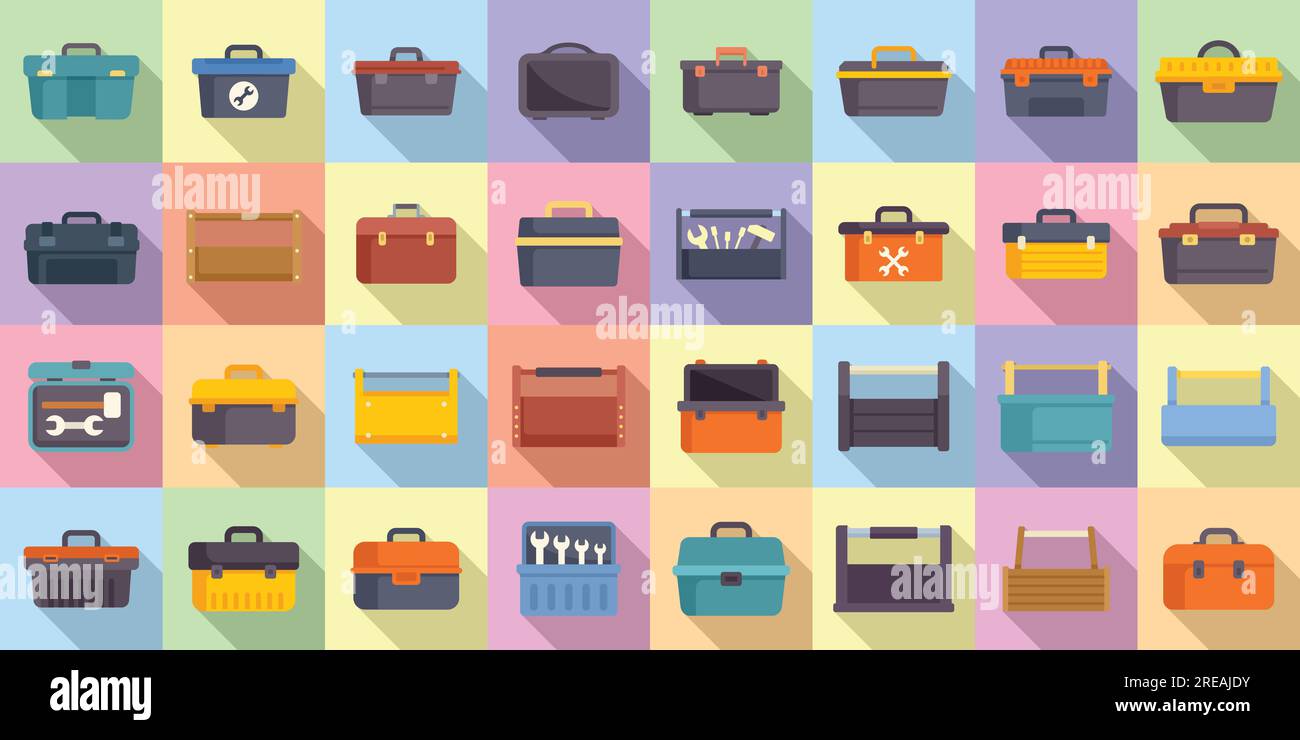 Toolbox icons set flat vector. Repair kit. Wooden safety Stock Vector ...